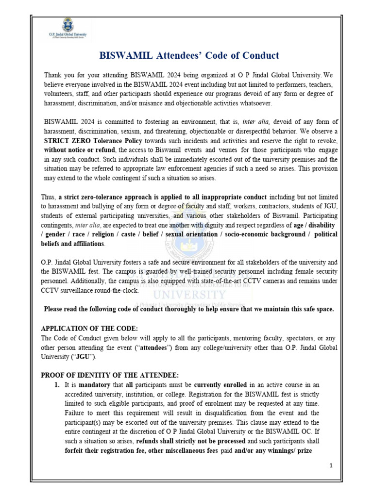 BISWAMIL 2024-- Attendees' Code of Conduct | PDF | Sexual Harassment | Identity Document