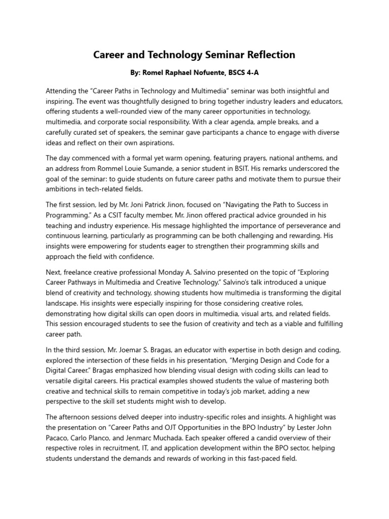 Career and Technology Seminar Reflection | PDF | Creativity | Liberal Arts Education