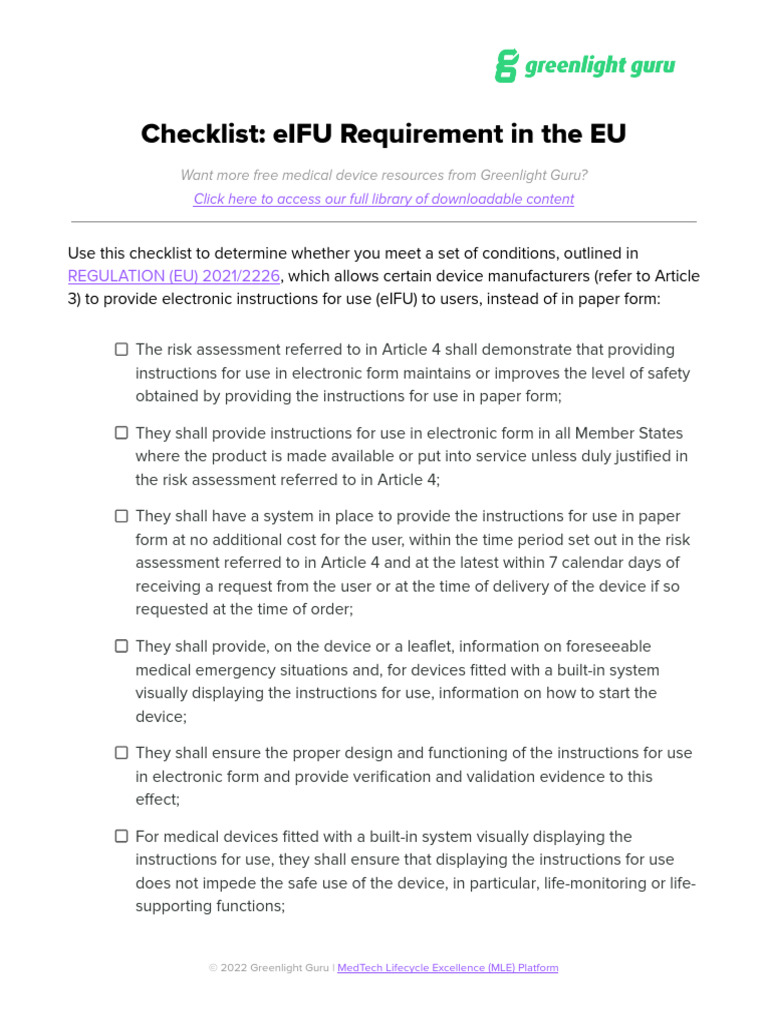 Checklist eIFU Requirements in The EU | PDF | Medical Device