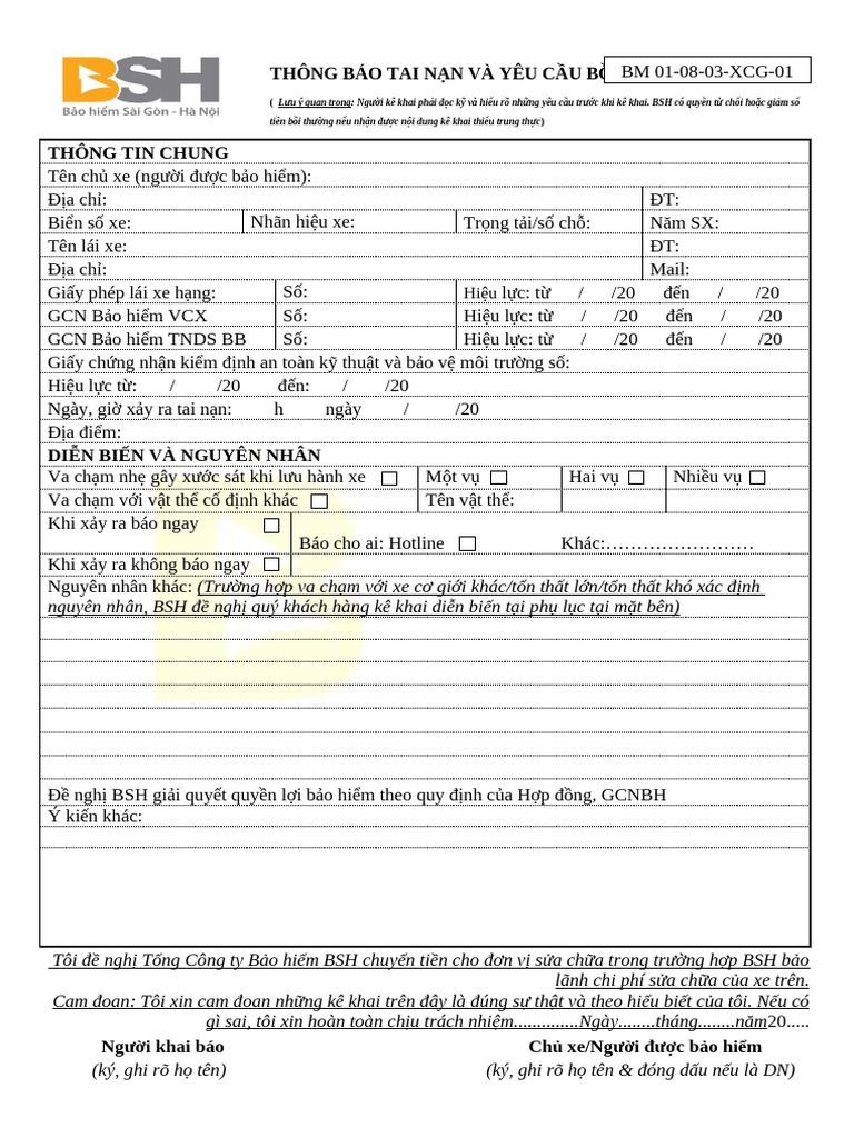 BM 01-08-03-XCG-01 TB tai nan & Yeu cau bt (mẫu mới) | PDF