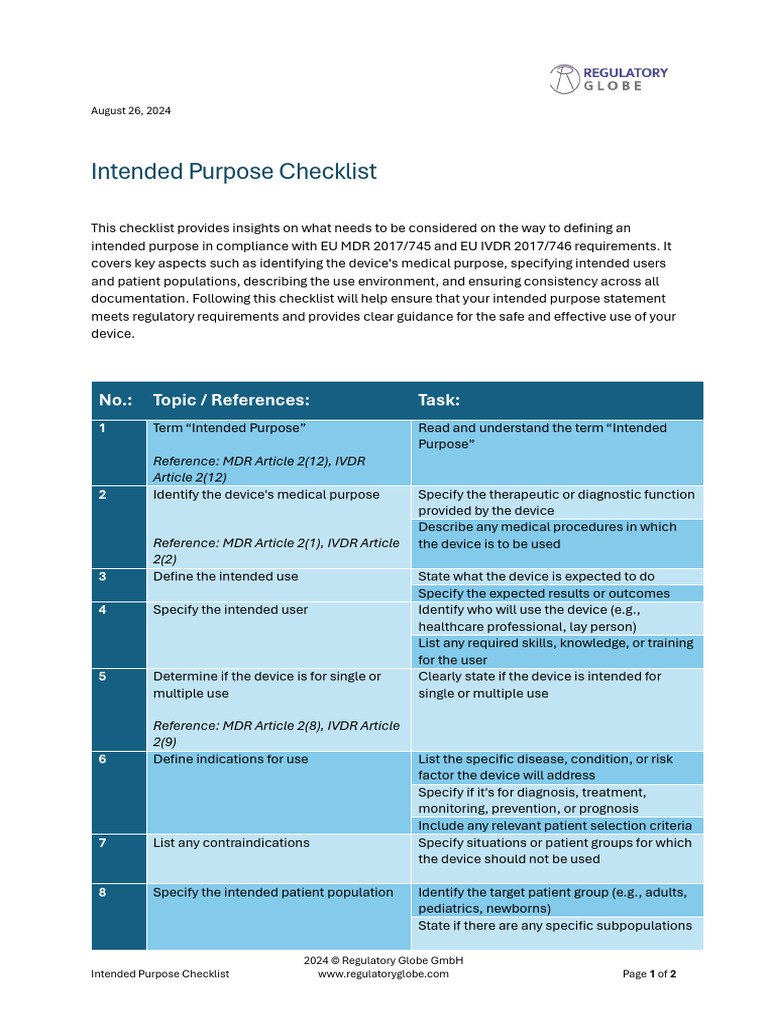 Intended Purpose Checklist | PDF | Medical Diagnosis | Health Sciences