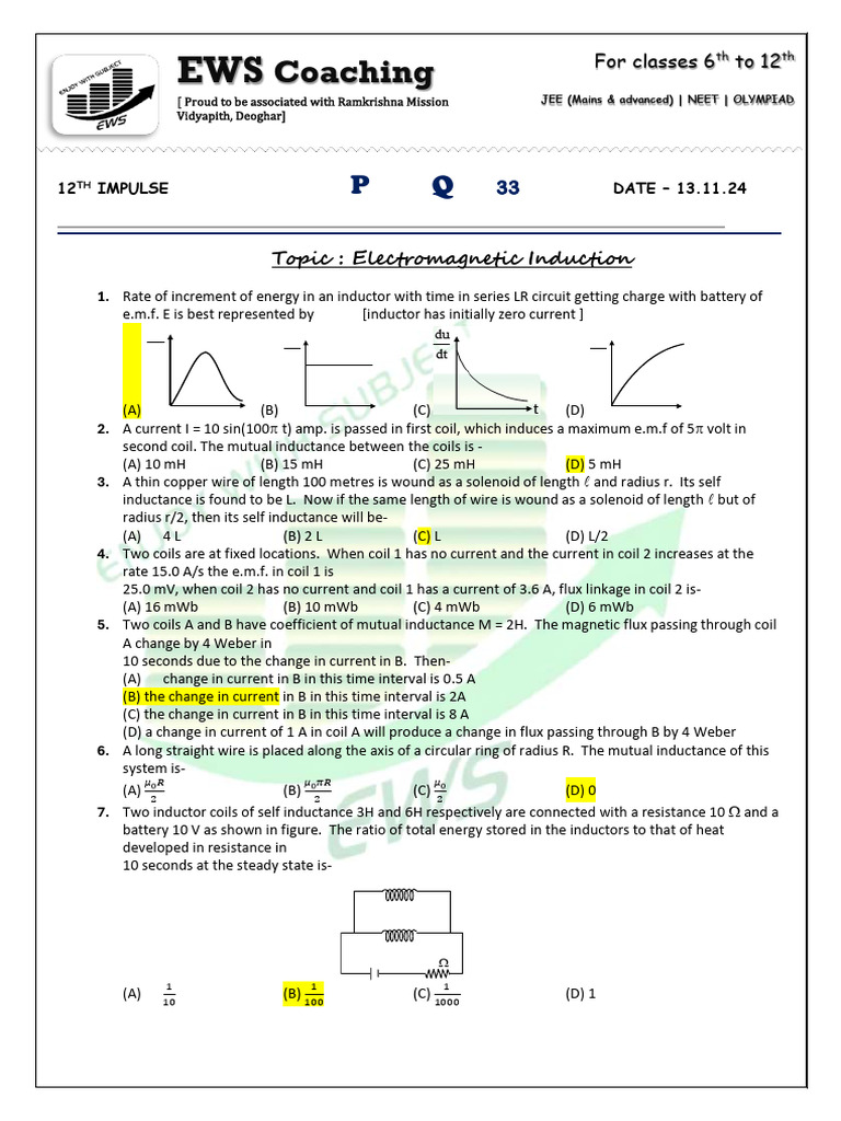 12th PHYSICS QUIZ | PDF | Inductor | Inductance