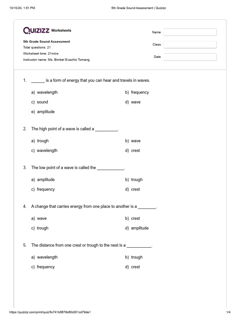 5th Grade Sound Assessment - Quizizz | PDF | Sound | Waves