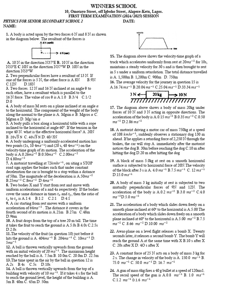 Ss2 First Term Physics | PDF | Force | Acceleration