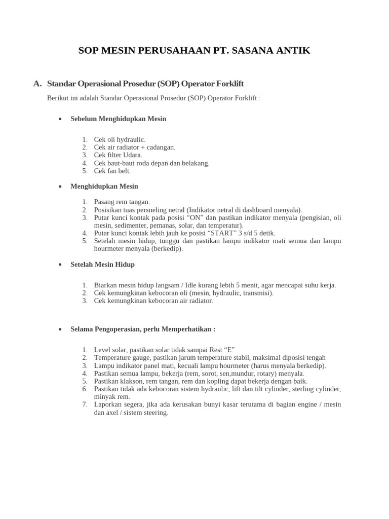 Sop Mesin Forklift | PDF