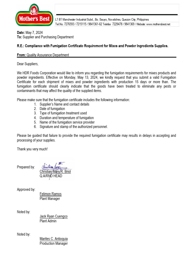 MEMO On Fumigation Certificate | PDF