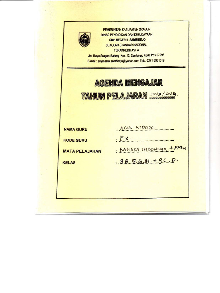 Agenda Mengajar 2023-2024 - Agus Widodo | PDF