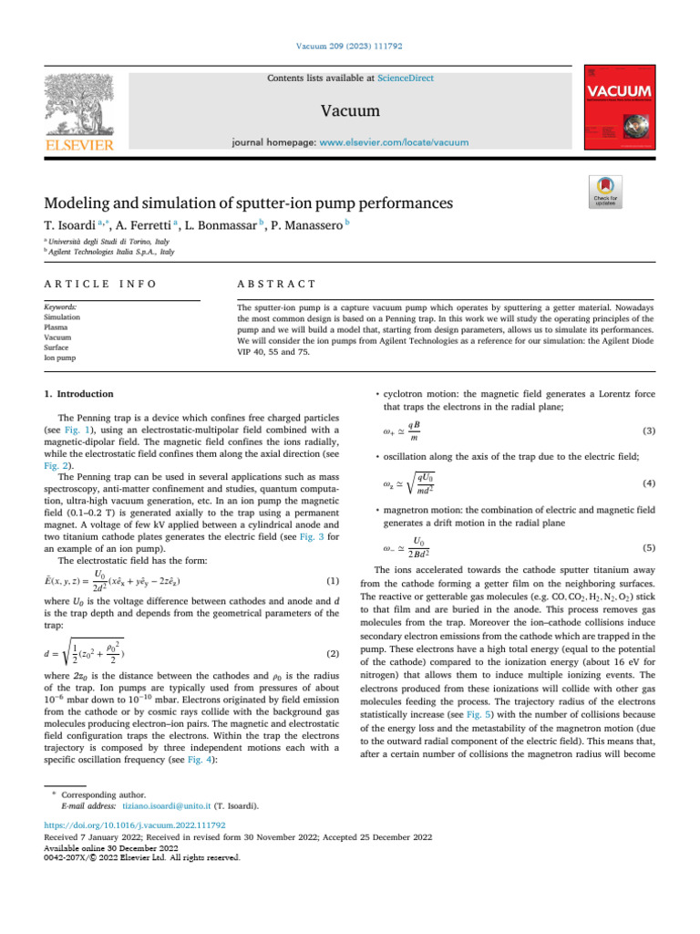 Modeling and Simulation of Sputter-Ion Pump Performances | PDF ...
