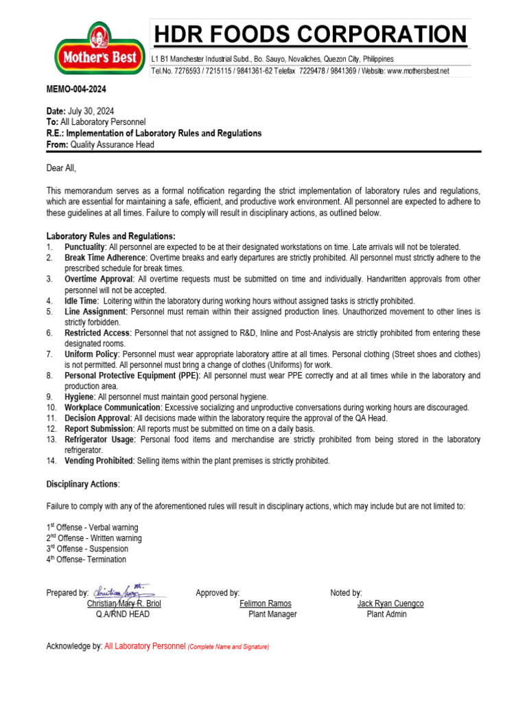 Laboratory Rules Enforcement Memo | PDF | Wellness | Technology ...