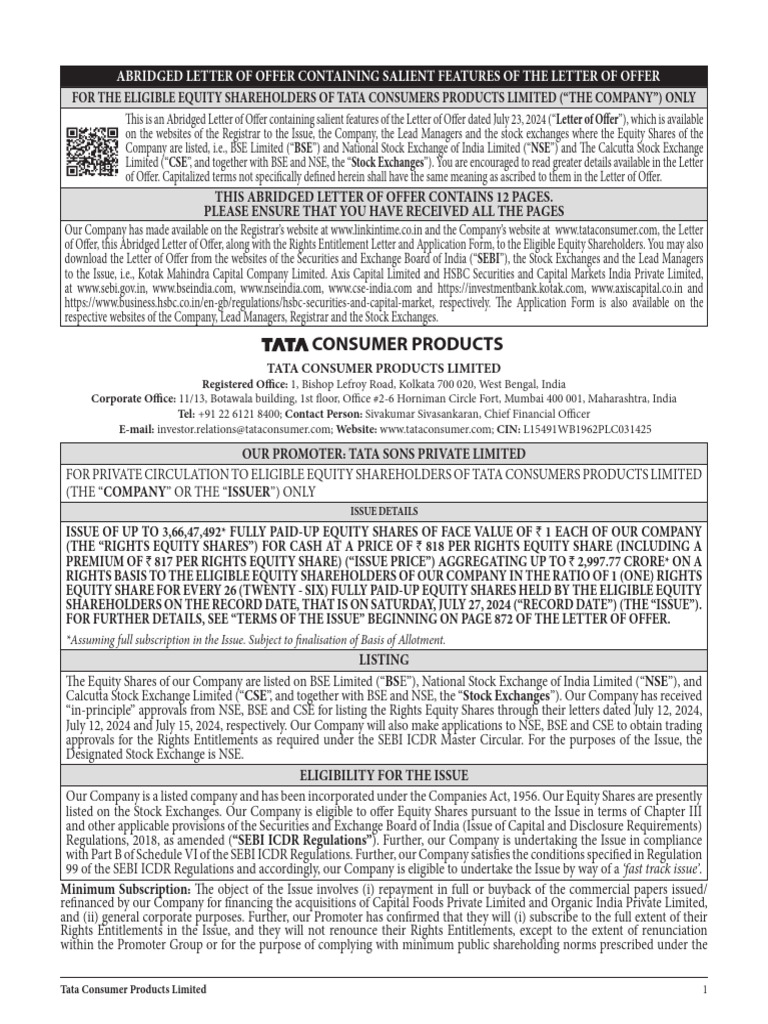 Tata Consumer Products Rights Issue Offer | PDF | Securities (Finance ...