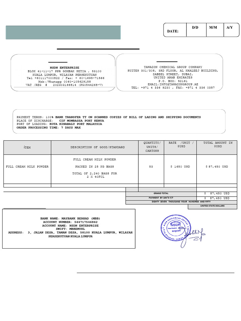 Proforma Invoice For Milk Powder To Kenya | PDF | Invoice | Accounting