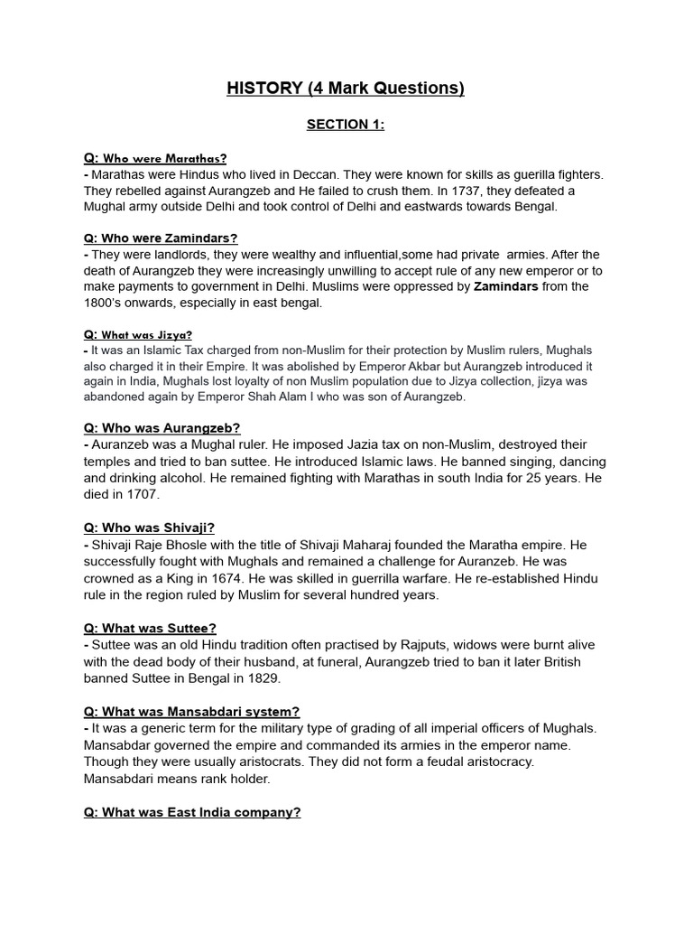 HISTORY (4 Mark Questions) | PDF | Indian Nationalism | British India