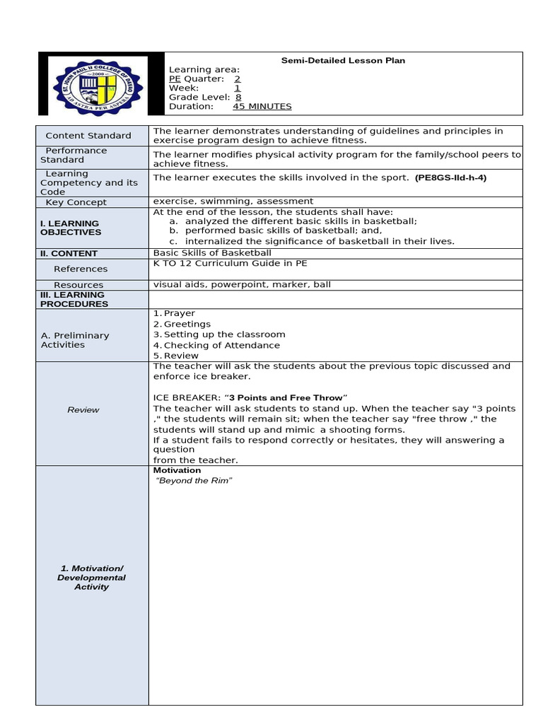 8th Grade Basketball Lesson Plan | PDF | Physical Education | Learning
