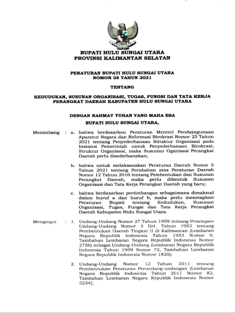 Perbup Tahun 2021 No.28 TTG Kedudukan, Sotk Perangkat Daerah | PDF