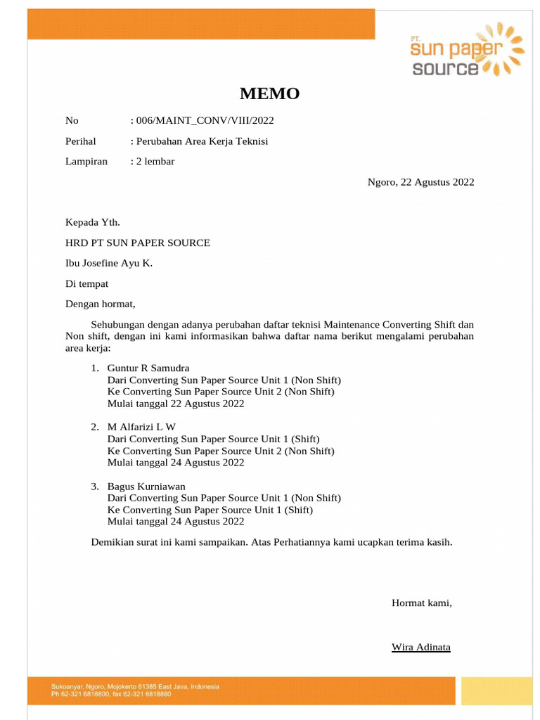 006 - Conv - 2 - VIII - 2022 Memo Perubahan Daftar Shift | PDF