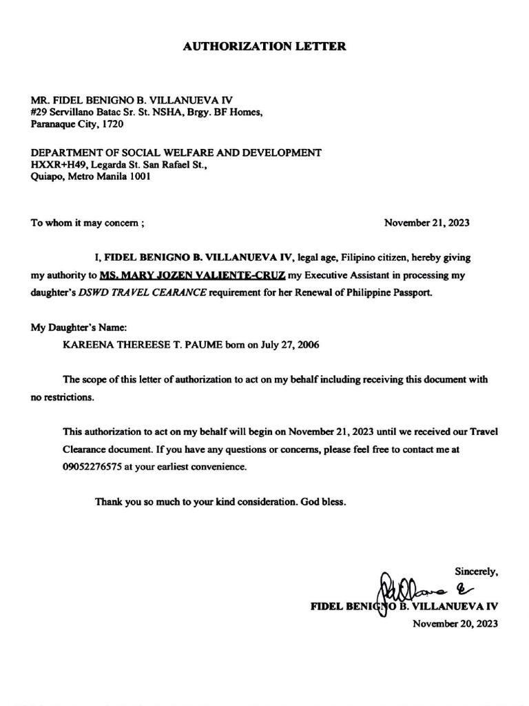 Authorization Letter For DSWD CLEARANCE | PDF