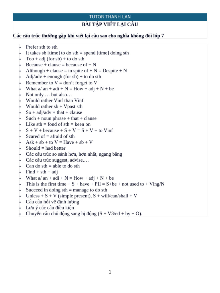 Bai Tap Viet Lai Cau Tieng Anh 7 | PDF