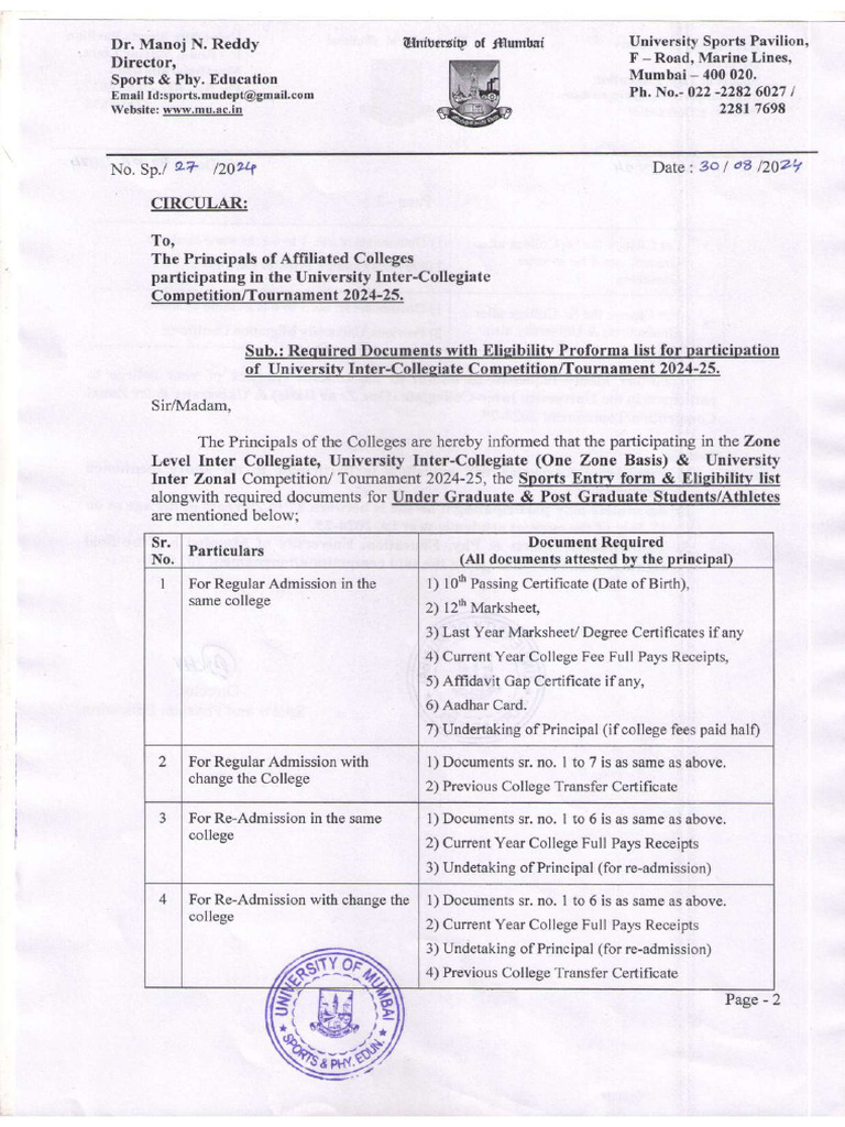 Required Documents With Eligibility Proforma List For Participation of University Inter ...