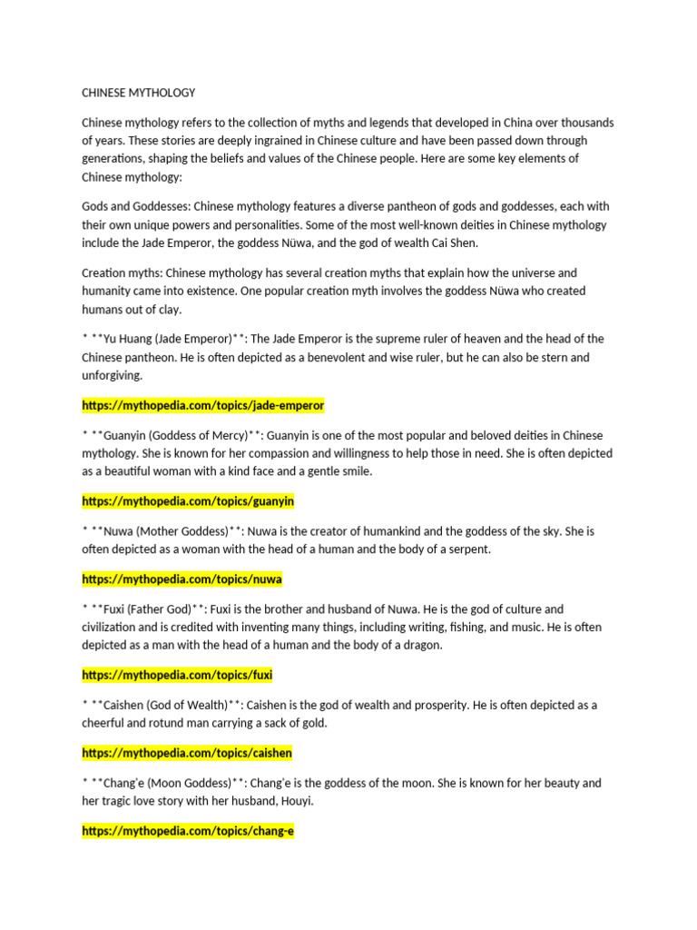Chinese Mythology Handout | PDF | Mythology | Religious Belief And Doctrine