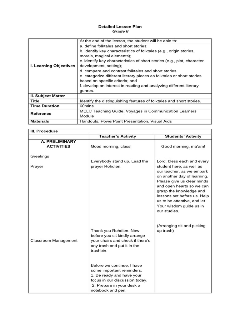 Lesson Plan in Short Story | PDF | Fairy Tales | Lesson Plan