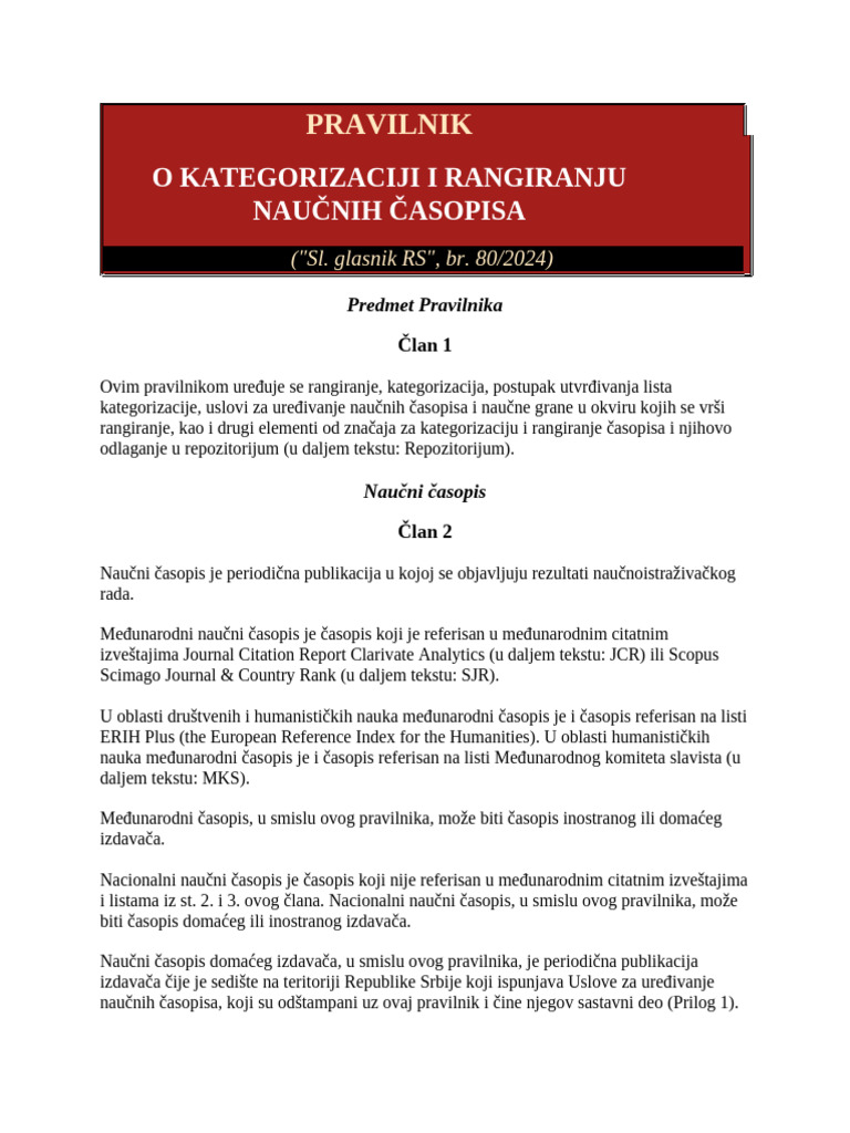 Pravilnik o Kategorizaciji I Rangiranju Naucnih Casopisa 2024. Godine ...
