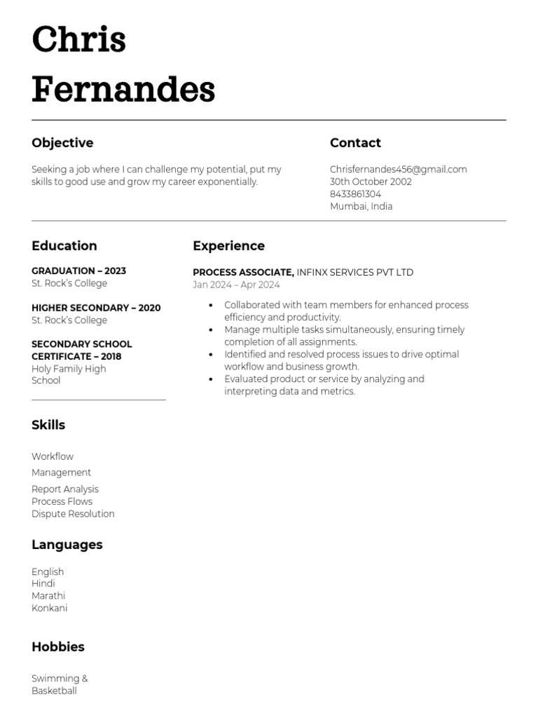 Chris Fernandes - Process Associate Resume | PDF