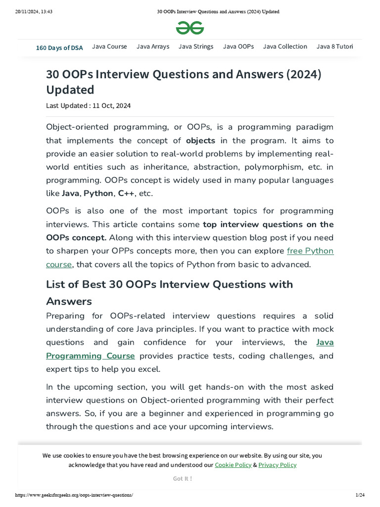 Top 30 OOPs Interview Q&A 2024 | PDF | Object Oriented Programming | Method (Computer Programming)