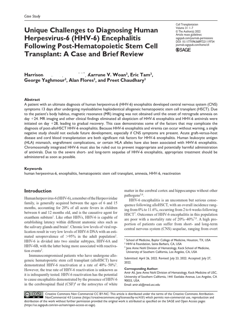 Unique Challenges To Diagnosing Human Herpesvirus-6 (HHV-6) Encephalitis Following Post ...