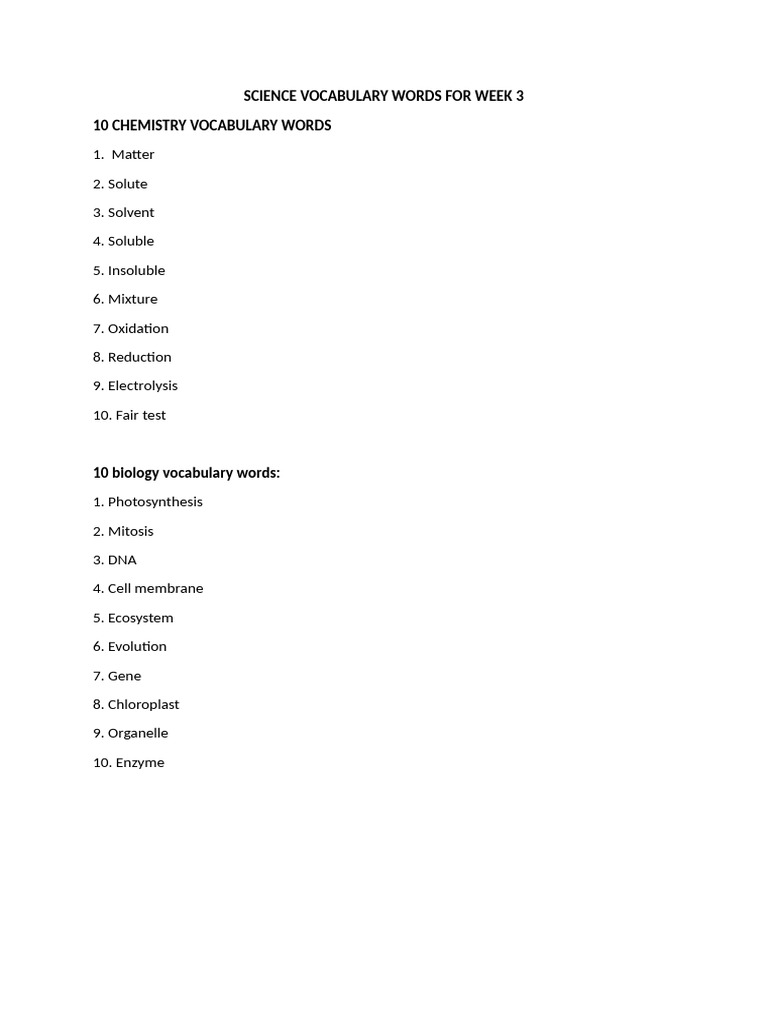 Weekly Science Vocabulary List | PDF
