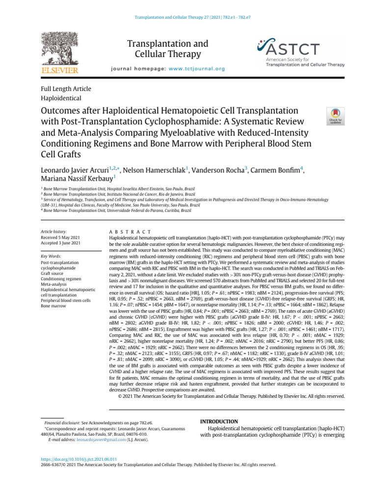 Arcuri Haplo PTCY Metanalysis 2021 | PDF | Hematopoietic Stem Cell ...