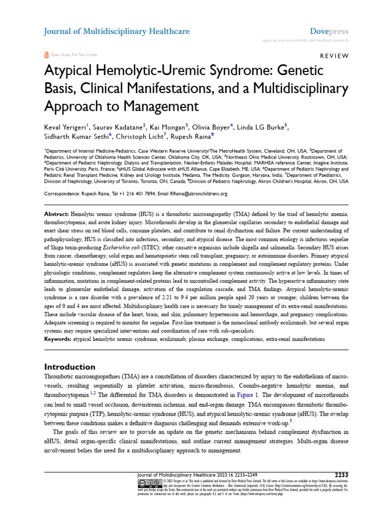 Atypical Hemolytic-Uremic Syndrome: Genetic Basis, Clinical Manifestations, and A ...