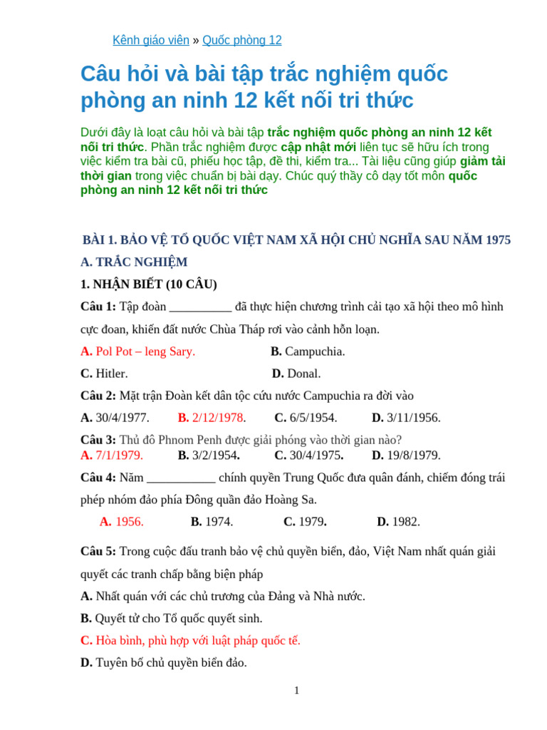 BỘ CÂU HỎI TRẮC NGHIỆM TN QP 12 | PDF