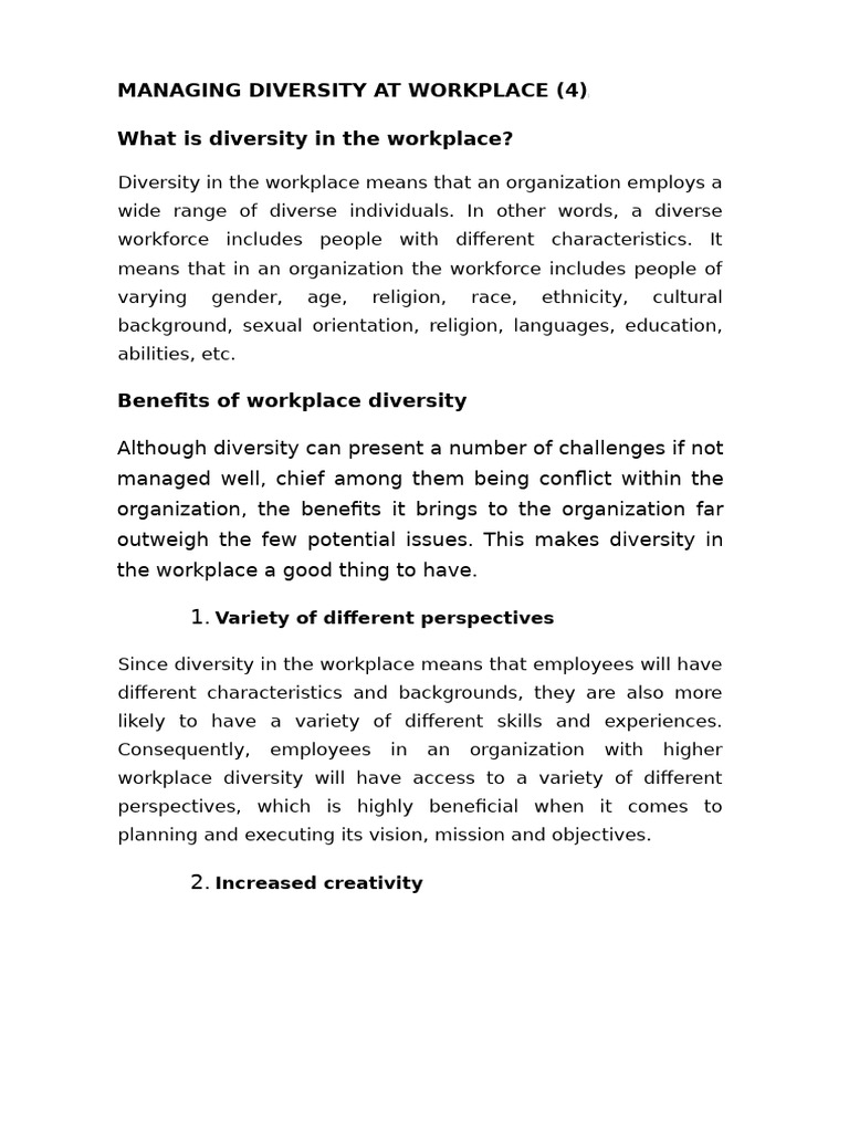 Managing Diversity at Workplace | PDF | Diversity (Business) | Creativity