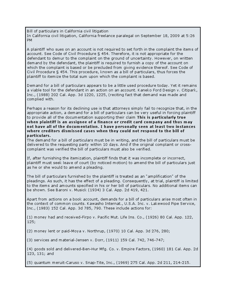 Bill of Particulars in California Civil Litigation | Lawsuit | Complaint