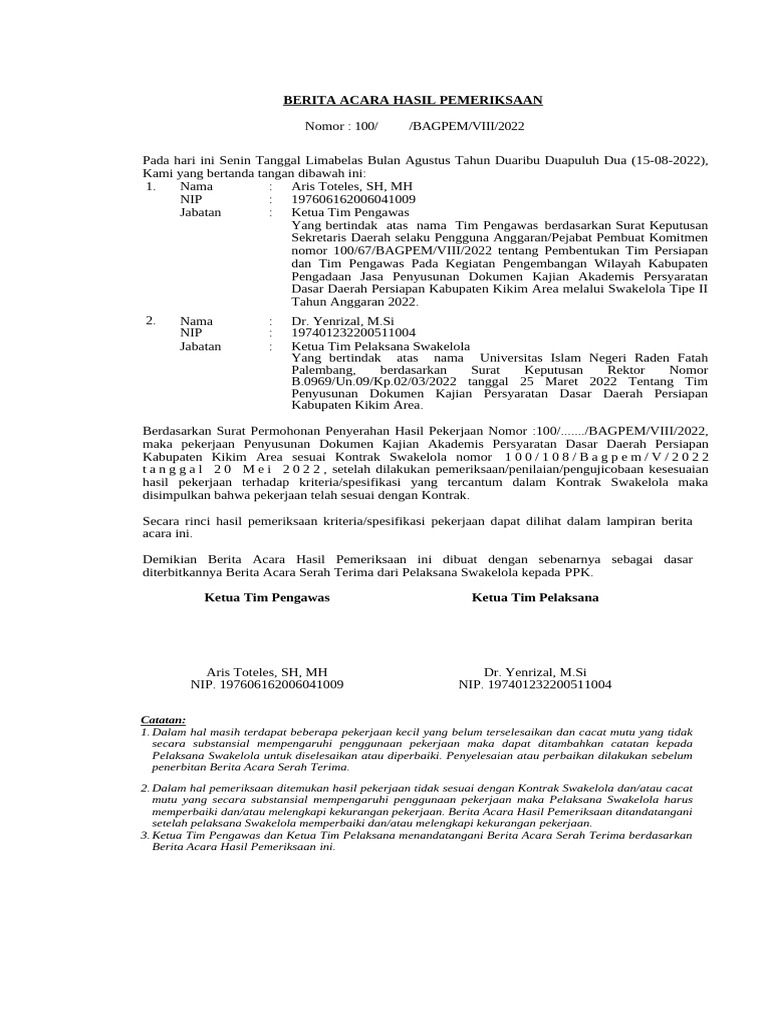 Berita Acara Hasil Pemeriksaan | PDF