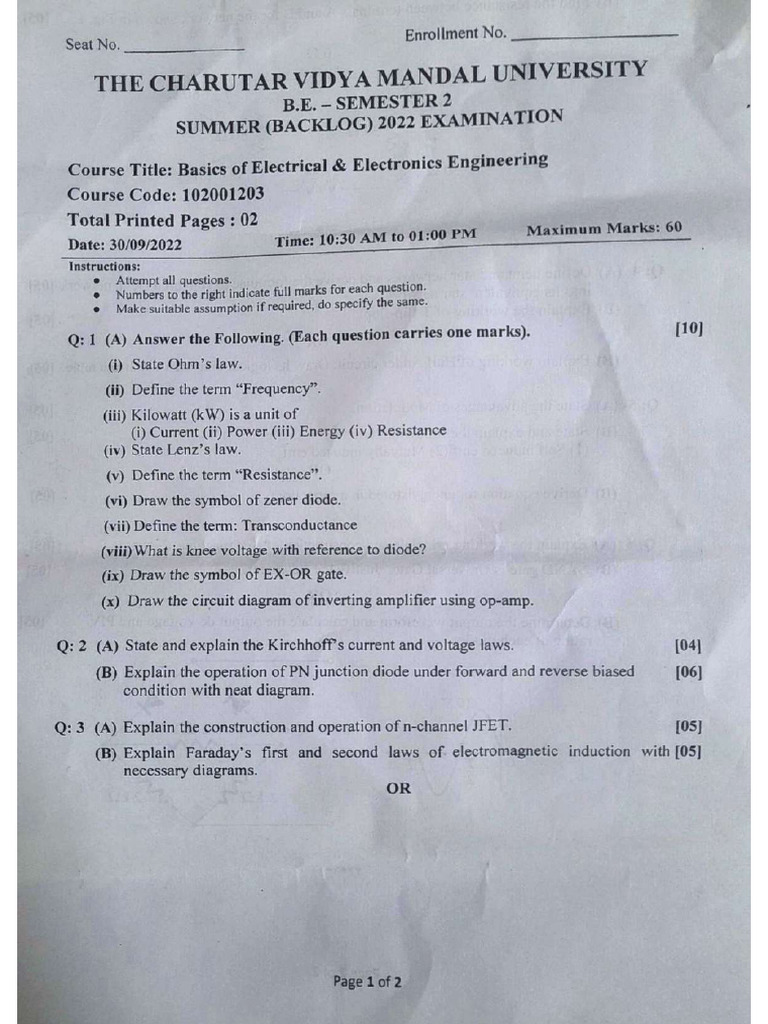 Summer Backlog Exam | PDF