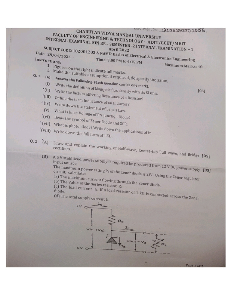 Apr 22 Beee Mid Sem Exam Paper | PDF