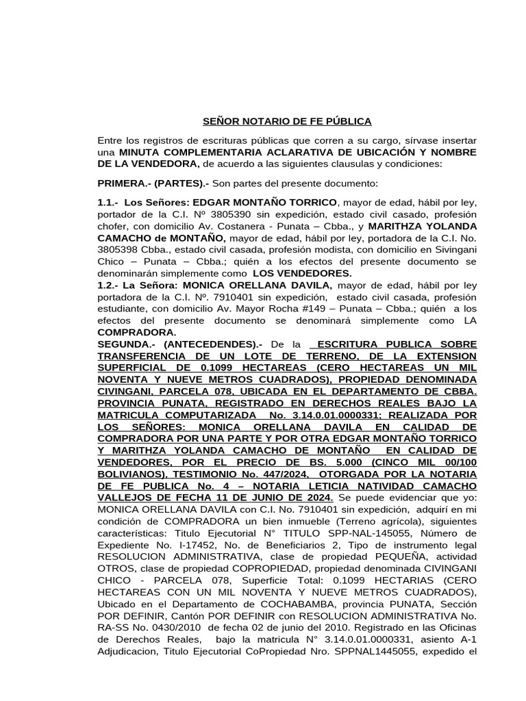 Minuta Complementaria de Monica Orellana Davila Completo | PDF | Condominio | Bolivia