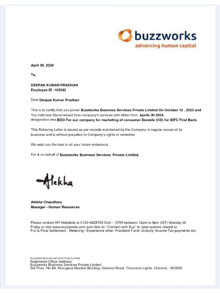 Reliving Letter IDFC | PDF