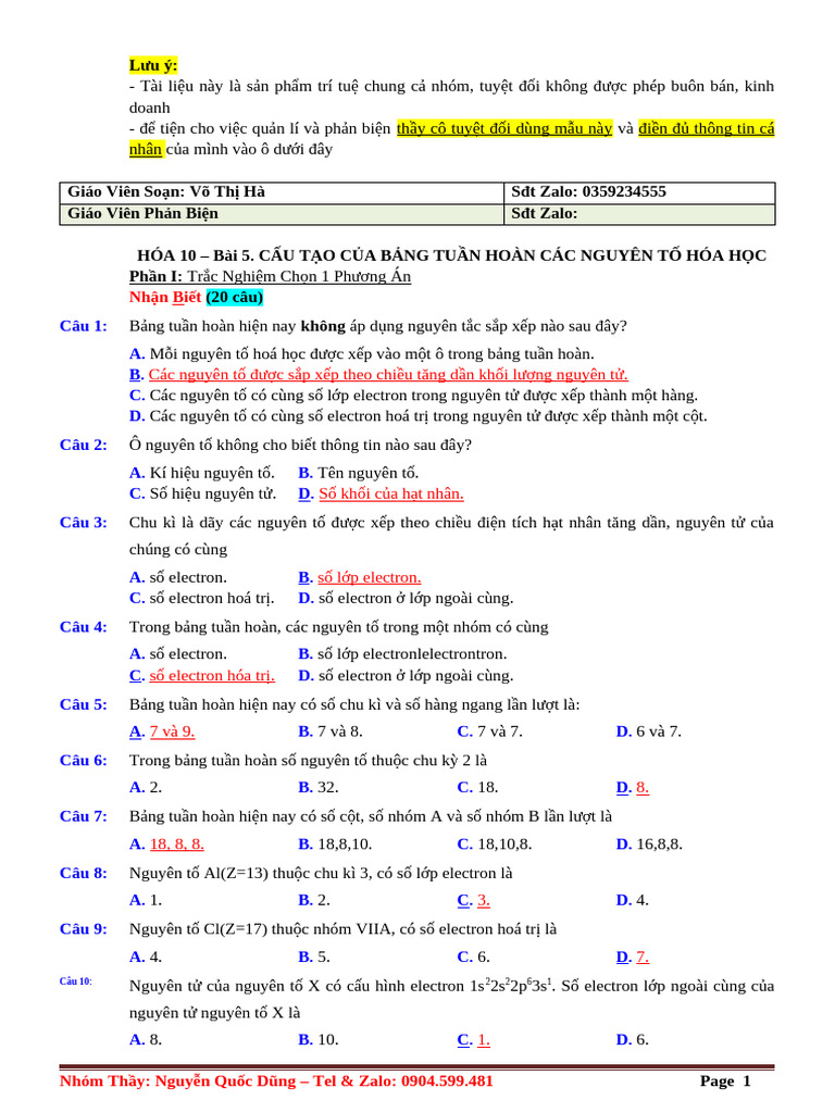 Hóa 10 - Bài 5 Cấu Tạo BTH Võ Thị Hà Phan Bien- HT | PDF