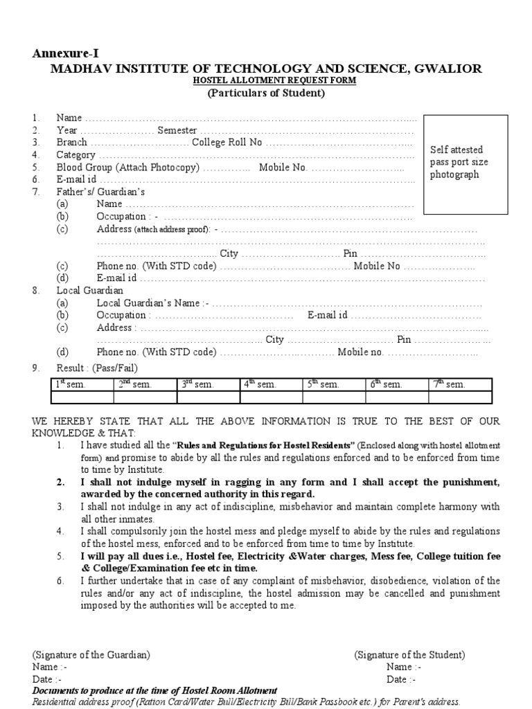 Hostel Form(Rules & Regulation) | Hostel | Academic Term