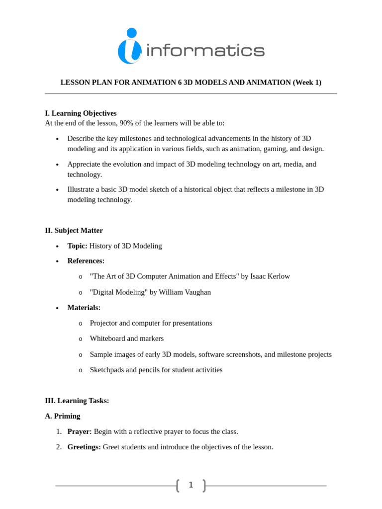 Lesson Plan For Animation 6 3D Models and Animation | PDF | 3 D ...
