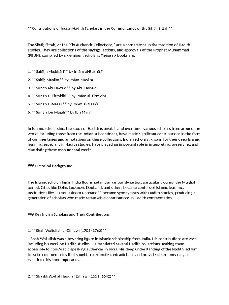 Contributions of Indian Hadith Scholars in The Commentaries of The Si Ā ...