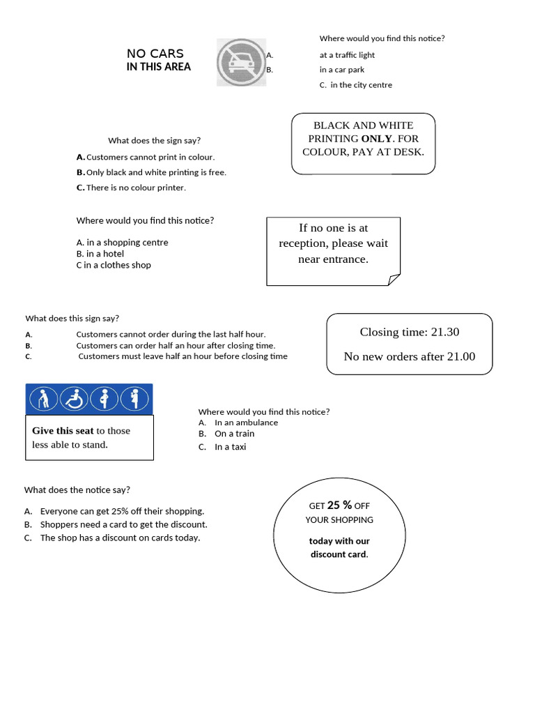 Reading Signs, Short Notices Exercises | PDF | Lunch | Menu