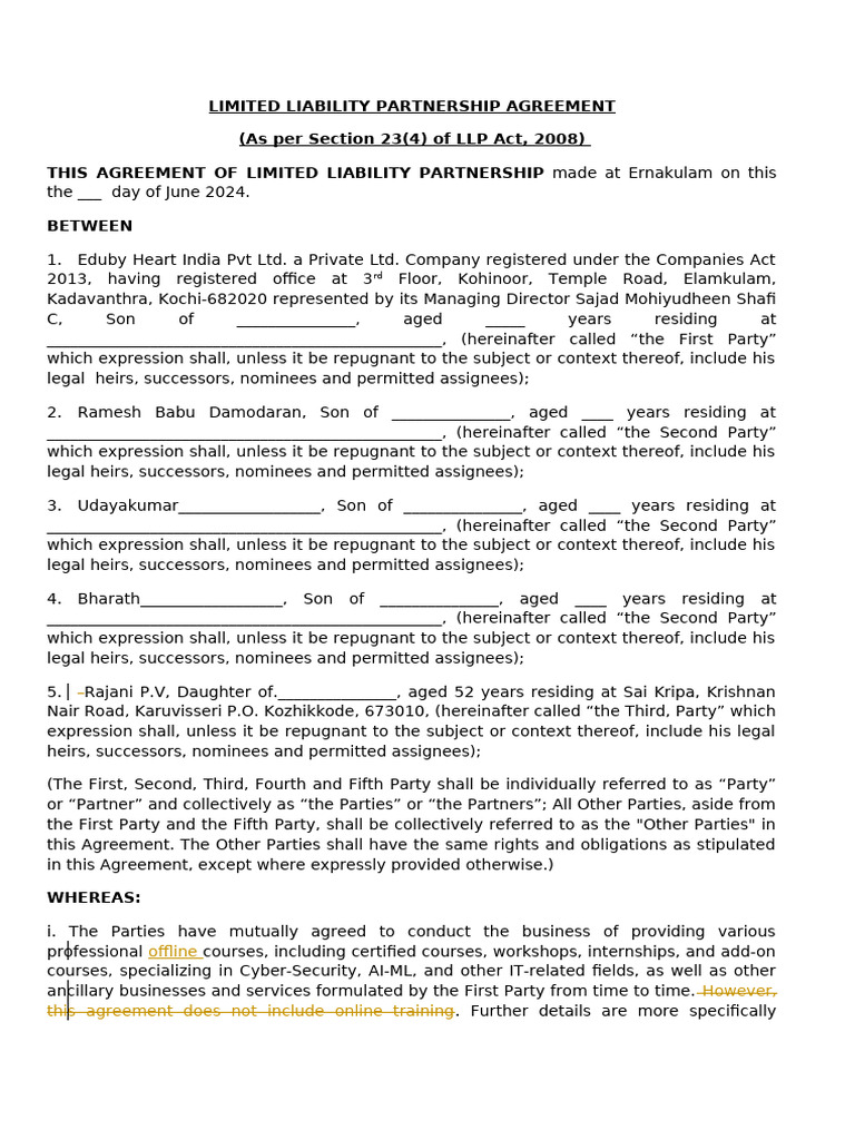 LLP Agreement Draft 08-06-2024 | PDF | Limited Liability Partnership | Law Of Agency