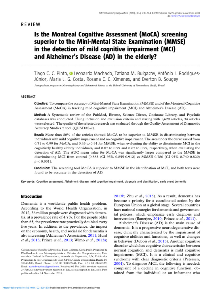 MoCA vs MMSE in Dementia Detection | PDF | Alzheimer's Disease ...