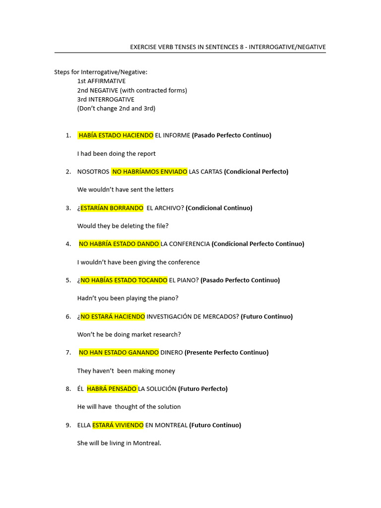 Exercise Verb Tenses in Sentences 8 Interrogative - Negative | PDF