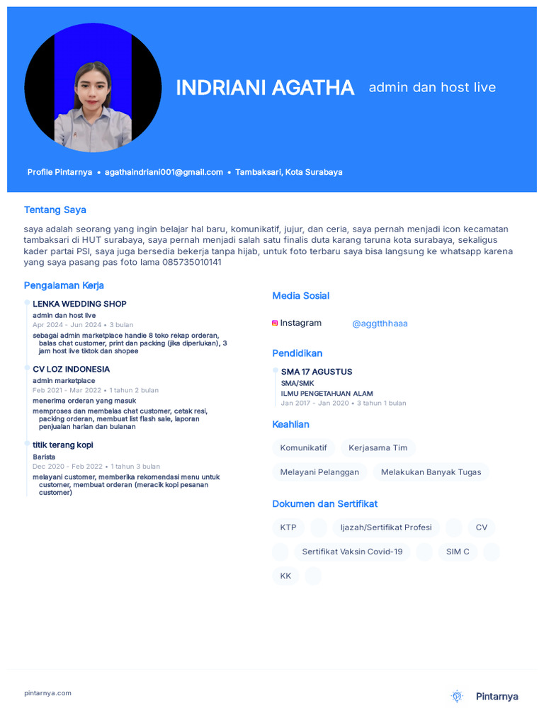 CV Indriani Agatha | PDF