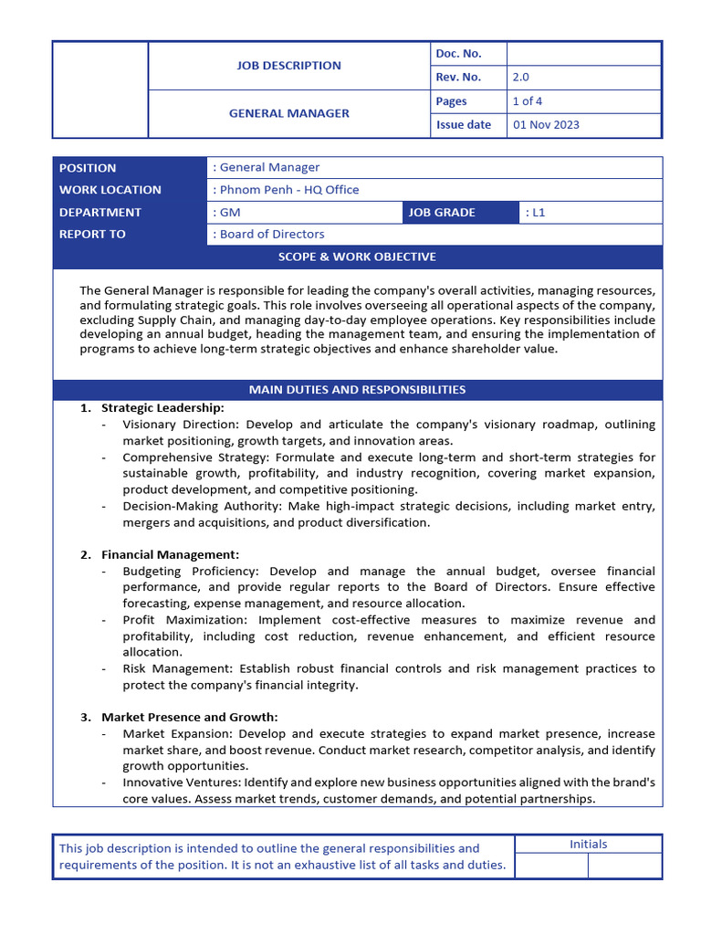 DPNV - HR-HR-FRM-001 - JD - General Manager - Revised | PDF ...