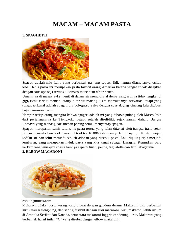 Jenis-Jenis Pasta Populer dan Unik | PDF | Memasak, Makanan, & Anggur ...